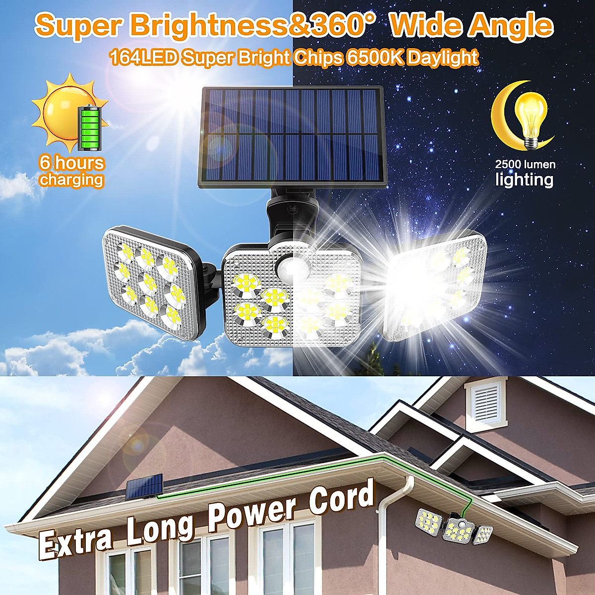 Solar Lights Outdoor, 164 Led Flood Light Outdoor IP65 Waterproof, 3 Heads Solar Security Lights with Motion Sensor, Motion Sensor Lights for Garage Garden Yard Patio, 2 Pack Outdoor Solar Lights