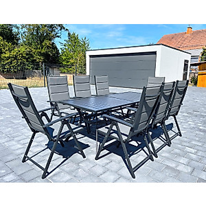 PURPLE LEAF 9 Pieces Outdoor Patio Dining Set with 8 Folding Portable Chairs and 1 Rectangle Aluminum Table, Foldable Adjustable High Back Reclining Chairs with Soft Cotton-Padded Seat, Grey