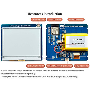 Bicool Waveshare 4.2inch E-Paper Cloud Module 400×300 Pixels e-Ink Display, Bluetooth 4.2 Connectivity Paper-Like Effect,Long Battery Life Support Quick Charge, 4.2inch WiFi e-Paper Display
