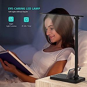 WEIDUOYI LED Desk Lamp Dimmable Home Office Lamp with USB Charging Port Reading Light Table Desk Lamps, Eye-Caring Table Lamp 45mins Timer Desk Light for Working and Reading Black