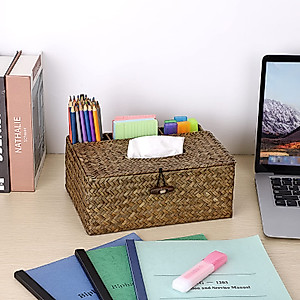 Sumnacon Seagrass Rectangular Tissue Box Cover - Multifunctional Tissue Holder with Stationery Remote Control Box, Decorative Tissue Pen Remote Organizer for Desktop Livingroom Home Office, Caramel