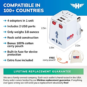 Hero Universal Travel Adapter (2 USB Ports) – Power Plug for US Europe France UK Ireland Thailand NZ Australia 100+ Countries