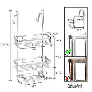 Duwee Over The Door Shower Caddy, NeverRust Aluminum Over the Shower Door Caddy, Hanging Shower Caddy for Shampoo Conditioner, 3 Tier Bathroom Shelf Organizer with Hooks for Razors Towels (silver)