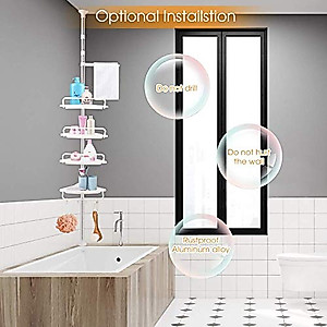 Ejoyous Tension Corner Shower Caddy, 4 Tier Height Adjustable Bathroom Corner Shower Rack Organizer Telescopic Rustproof Shower Caddy Pole for Storing Shampoo, Conditioner, Soap - White