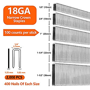 SITLDY 2000-Count 18 Gauge 1/4 Inch Narrow Crown Staples (1/2"+3/4"+1"+1-1/4"+1-1/2"), 400 per size, Heavy Duty Beveled Chiseled Pointed Galvanized, Assorted Size Project Pack