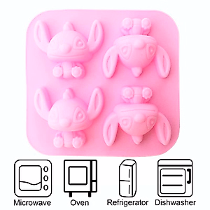 INKU 4 Cavity Lilo and Stitch Silicone Mold for DIY Fondant Candy Chocolate Molds DIY Cake Tray 3D Chocolates Hard Sweets Desserts Candles Drop Glue Decoration Birthday Party Cake Decor Candy Mold