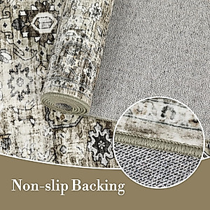 CAREMEE Washable Rug 5x7 Area Rugs for Living Room Bedroom, Vintage Non-Slip Print Distressed Thin Throw Rugs with Rubber Stain Resistant Low Pile Carpet for Kitchen Dining Room Foyer, Gray/Camel