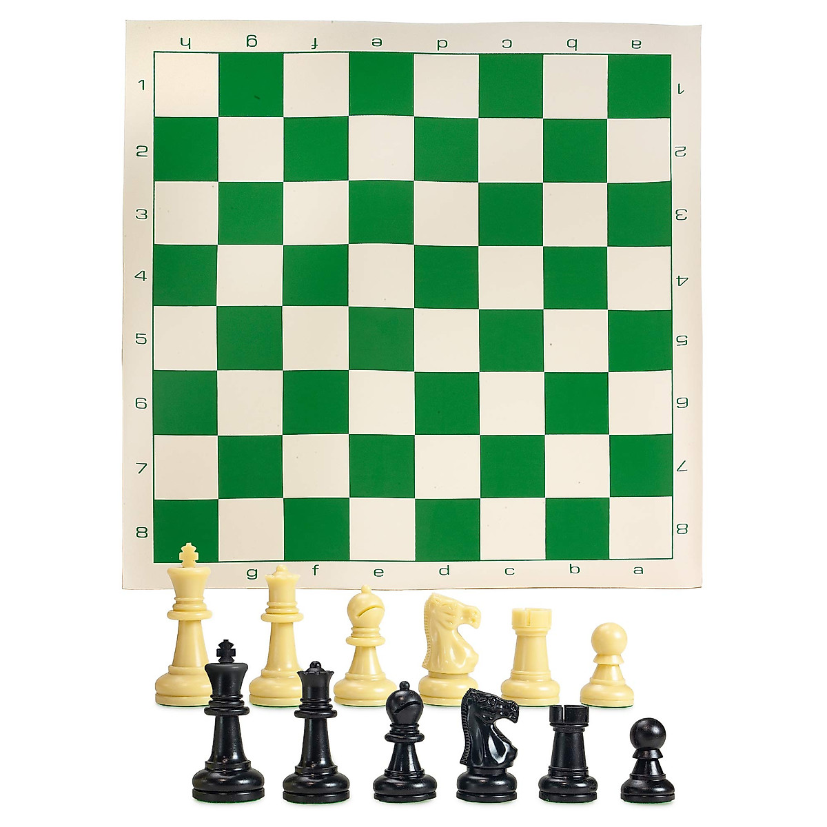Sterling Games Extra Large 20" x 20" Roll Up Chess Mat and Chess Pieces Set, Tournament Chess Pieces, Green Vinyl Travel Chess Mat