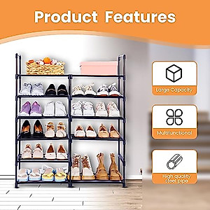 6 Tier Shoe Rack Storage Organizer, 20-22 Pairs Metal Shoe Rack for Entryway, Shoe Stand Free Standing Shoe Rack for Closet, Space Saving Shoe Organizer Shoe Storage for Living Room Bedroom Hallway