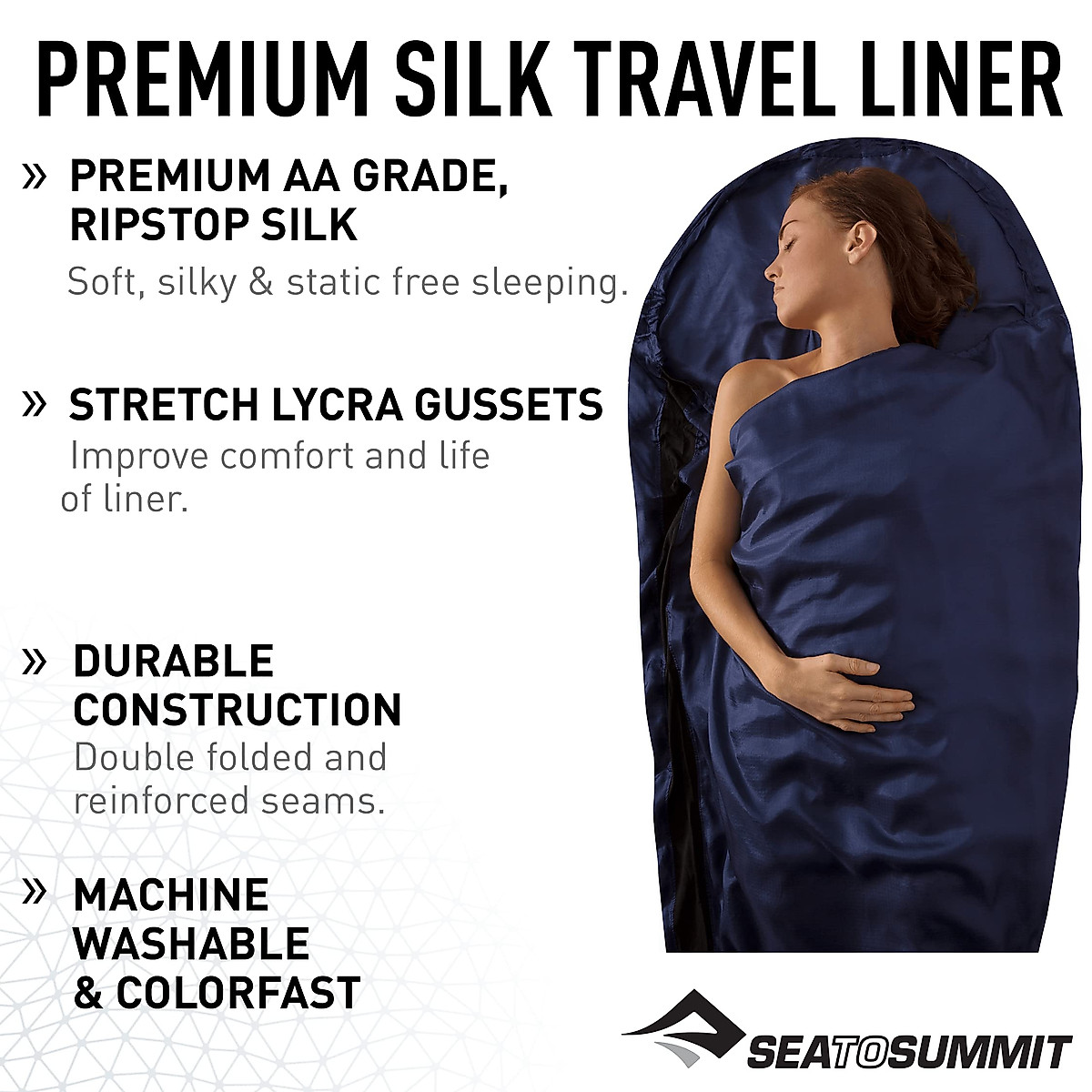 Sea to Summit Premium Silk Sleeping Bag Liner, Traveller w/Pillow Slip (88x37 inches)