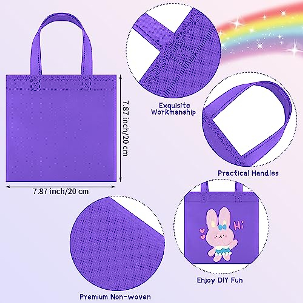 Aneco 30 Pieces 8 by 8 Inches Non-Woven Bags Birthday Party Bags Easter Egg Hunt Bags Rainbow Colors Gift Bag with Handles for Party Favor, 6 Colors