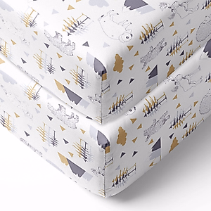 Bacati - 2 Pack Woodlands Bears Bison Owls Printed Neutral 100% Cotton Universal Baby US Standard Crib or Toddler Bed Fitted Sheets (Beige/Grey)