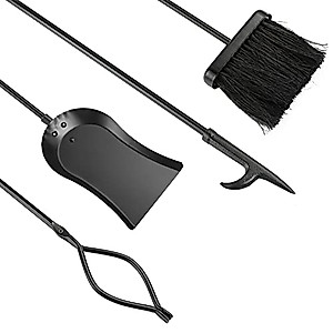 ATiyyo 5 Pieces Fireplace Tools Sets Wrought Iron Firewood Kit with Handle Durable Tool Set and Holder for Fire Pit Stand Indoor Tong Shovel Poker Brush Firewood Accessories (Black)
