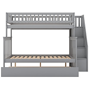 Bunk Bed with Trundle and Staircase, Solid Wood Twin Over Full Bunk Beds Frame with Storage Shelf, Safety Rail for Kids Teens, Can be Separated into 2 Beds (Twin Over Full, Grey)