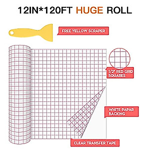HTVRONT Transfer Tape for Vinyl - 12" X 120 ft w/Red Alignment Grid Transfer Paper for Cricut Adhesive Vinyl, Silhouette Cameo Vinyl Transfer Tape for Vinyl for Decals,Signs, Windows, Stickers