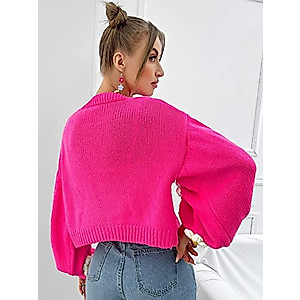 MakeMeChic Women's Floral Applique Lantern Sleeve Open Front Cropped Cardigan Sweater Hot Pink L