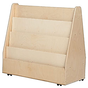 Contender Fully Assembled Double-Sided Book Cart On Wheels, Baltic Birch Book Display Stand, Wood Montessori Bookshelf Organizer For Kids In Natural Finish