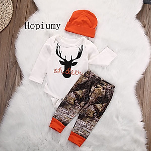 Newborn Baby Boy Deer Printed Grey Tshirt Top Camouflage Pants Hat 3Pcs