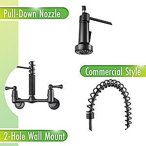 Tosca 255-K821-MB-T Upgraded Dual Handle Commercial Style Wall Mount Kitchen Faucet with Pull Down Nozzle, Matte Black