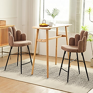 RHYNZEE 26 inch Bar Stools Set of 2, Boucle Fabric Modern Counter Height Bar Stools with Back and Black Metal Legs, Sherpa Upholstered Kitchen Island Chair for Home Kitchen Bistro Coffee Shop (Brown)