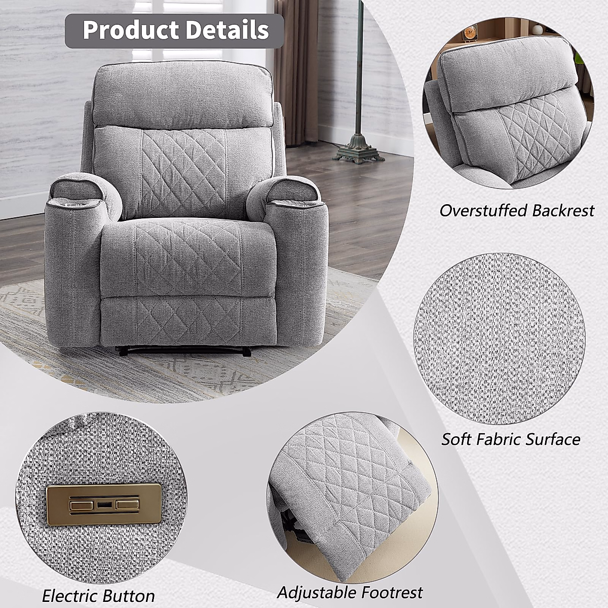 ANJ Classic Power Recliner Chair, Overstuffed Electric Recliners with USB Type-C Port Double Layer Backrest and Cup Holders, Comfy Reclining Single Sofa for Living Room