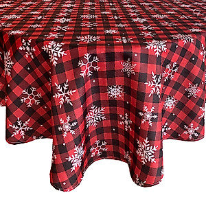 Lintex Red/Black Snowflake Plaid Festive Christmas Fabric Tablecloth, Red, Black and White Plaid Country Rustic Xmas Holiday Tablecloth, 70” Round