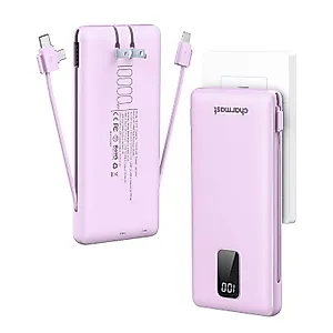 Charmast Portable Charger with Built-in Cables and AC Wall Plug, 10000mAh Ultra Slim Power Bank, External Battery Pack, Travel Accessories Compatible with iPhone 14/13, Samsung Galaxy, etc