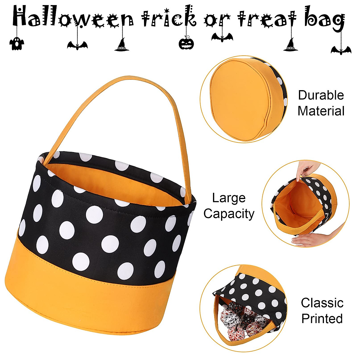 2 Pieces Trick or Treat Bags Halloween Candy Buckets Fabric Candy Tote Bags for Halloween Supplies, 2 Styles (Corn and Dot)