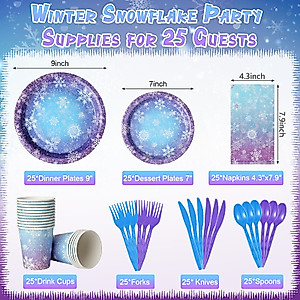 Winter Snowflake Paper Plates and Napkins Set, Blue and Purple Snowflake Winter Wonderland Disposable Tableware for Christmas Winter Holiday New Year Birthday Party Supplies Decorations, Serve 25