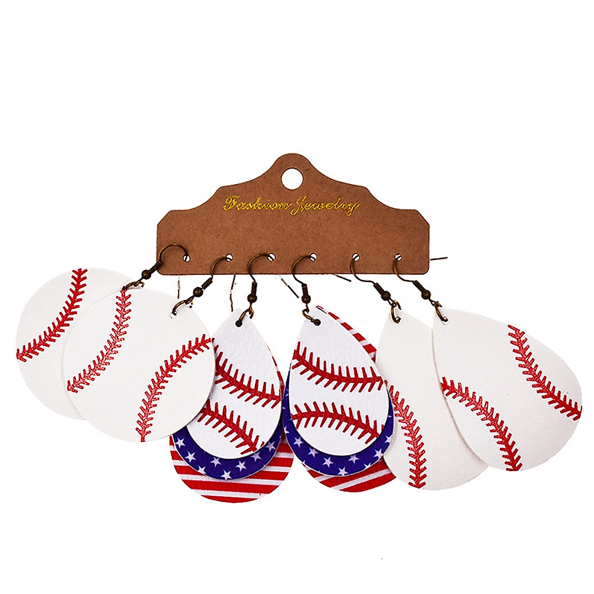 3Pairs Sporty Style Earrings, Glittering Sequin Leather Earrings, Rugby Basketball Baseball Football Cheerleaders Lightweight Multilayer Teardrop-Shaped Hook Dangling Jewelry-baseball