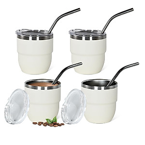 4 oz Stackable Cup, 4 Pack Mini Tumbler Shot Glass with Straw and Lid,Stainless Steel Espresso Cups-Vacuum Insulated Coffee Cup for for Wedding Party Whiskey Cocktail Bar, White