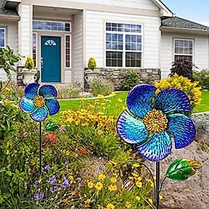 Viveta 2 Pack Wind Spinners with Metal Stake, 28.7 inches Outdoor Garden Pinwheels Spinners Blue Flower Shape Design for Yard Lawn Patio Decor