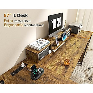 VEELOK L Shaped Desk - 87" L Shaped Gaming Desk with Power Outlet & Monitor Shelf, Home Office Corner Computer Desk with Printer Shelf & File Drawer, Rustic Brown