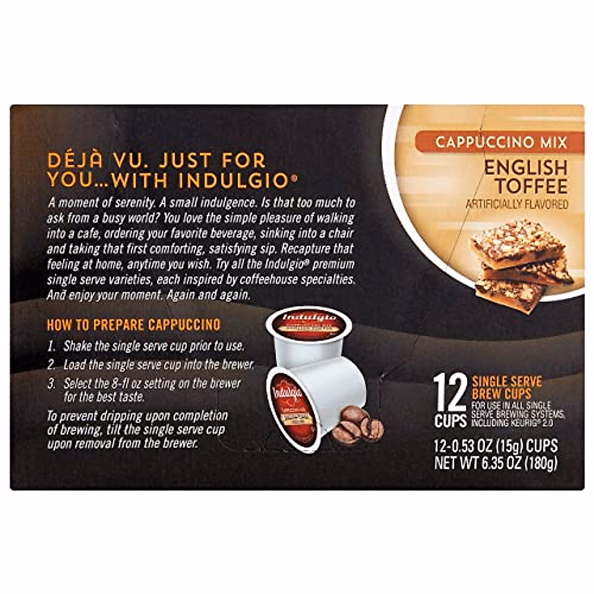 Indulgio English Toffee Single Serve medium roast Brew Cups, 12 count