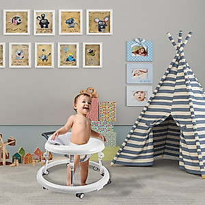 Baby Walker, Foldable 9-Gear Height Adjustable Baby Walker with Wheels, Infant Toddler Walker with Foot Pads, Anti-Fall Baby Walkers and Activity Center Bouncer Combo for Boys and Girls 6-24 Months…