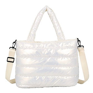 JQAliMOVV Puffer Tote Bag, Trendy Large Quilted Puffy Tote Bag Purse for Women Multiple-pockets Shoulder Handbags for Work Travel Shoping (White)