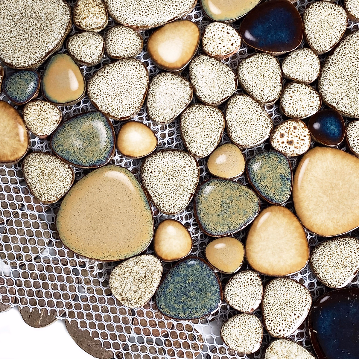 Primoon Pebble Stone Mosaic Tiles 5 Sheets, Beige Tan Brown Ceramic Mosaic Sheets Mesh Mounted 12x12, Glazed Porcelain Tile for Shower Floor Kitchen Bathroom Accent Wall Backsplash 【5 Sheets】