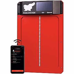 RUN-CHICKEN Door (Red) Solar Chicken Coop Door, Battery Powered Automatic Chicken Coop Door, Programmable Electric Chicken Door with Timer, Light Sensor, Solar Powered, Eternal