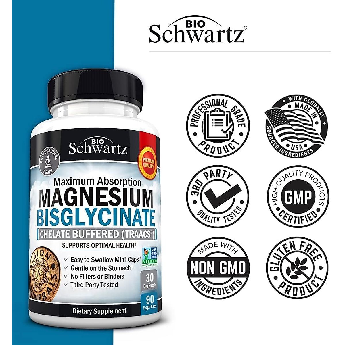 Magnesium Bisglycinate 100% Chelate No-Laxative Effect - Maximum Absorption & Bioavailability, Fully Reacted & Buffered - Healthy Energy Muscle Bone & Joint Support - Non-GMO Project Verified - 90 ct