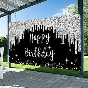 Black White Silver Happy Birthday Banner Decorations for Women Girls, Black Silver Happy Birthday Backdrop Sign Party Supplies, 16th 21st 30th 40th 50th 60th 70th Birthday Poster Background Decor