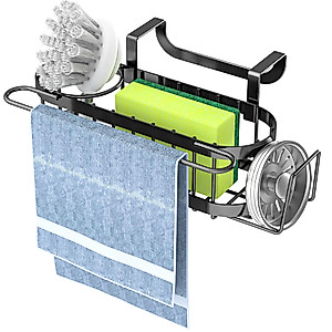 Cisily 3-in-1 Sponge Holder for Kitchen Sink Caddy (Hanging&Adhesive), Stainless Steel Movable Brush Holder + Dish Cloth Hanger, Hanging Sink Caddy Organizer, in Sink Organizer Accessories Rack