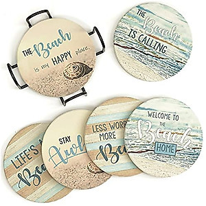 PANCHH Beach Coastal & Ocean Sea Tropical Theme Coasters for Drinks , Kitchen Decor and Gifts for Beach House and Home Beach Bars - Coasters for Wooden Table - Set of 6 with Holder , Absorbent