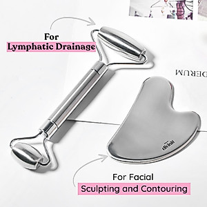 Stainless Steel Face Roller - Premium Gua Sha Facial Tools Stainless Steel GuaSha Tool and Face Roller Set - Gua Sha Stainless Steel Gua Sha Tool - Metal Face Roller and Gua Shua Set - Spa Gifts
