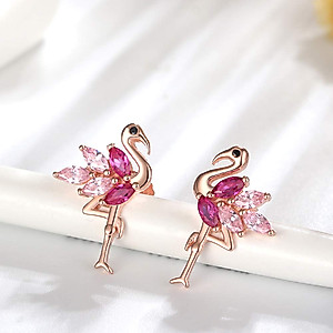 Pink Flamingo Bird Shape Stud Earrings for Women by Ginger Lyne Rose Over Sterling Silver Pink Cubic Zirconia Vacation Travel Jewelry