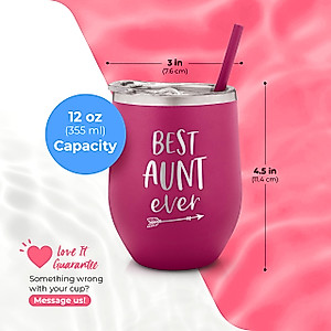 Best Aunt Ever Stainless Steel Personalized Wine Tumbler - Insulated Cup with Cute Design - Slide Close Lid with Straw - For Pregnancy Announcements, Valentine's Day, Best Aunt Ever Gifts