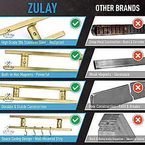 Zulay (12 Inch) Stainless Steel Magnetic Knife Holder For Wall - Powerful Knife Magnetic Strip With Extra Hanging Hooks - Wall Mount Magnetic Knife Strip & Organizer For Kitchen & Tools (Gold)