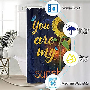 Izayoi 4 Pcs Sunflower Shower Curtain Set,Yellow Flower Butterfly Controller Bath Curtain with Anti-Slip Mat Toilet Cover Carpet Set and 12 Hooks,Black Waterproof Skeleton Bathroom Decor