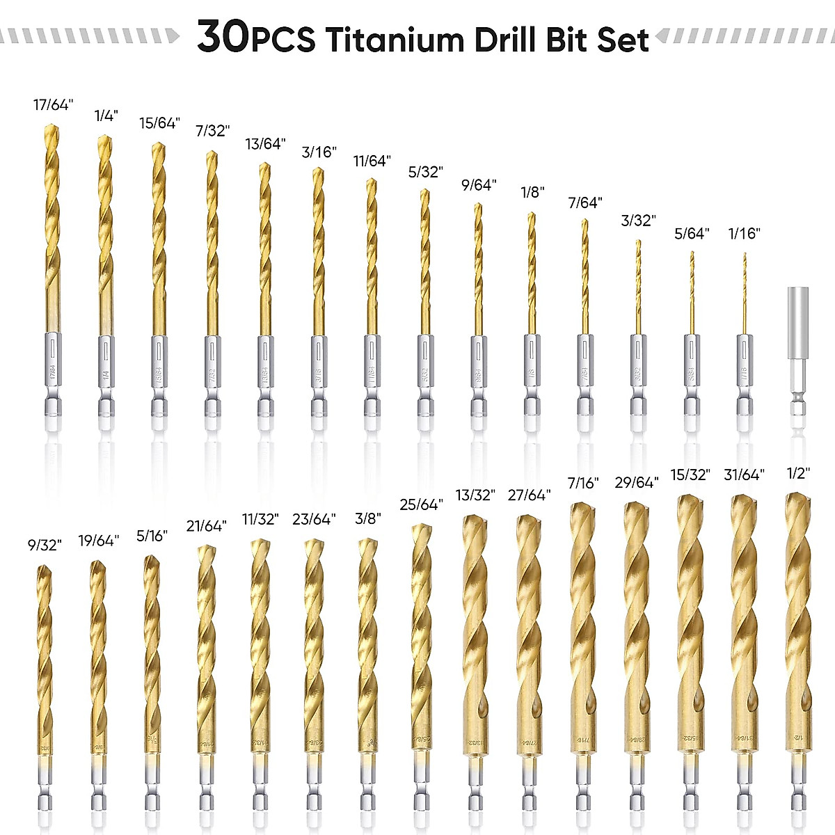 TICONN 30 PCS Titanium Coated Drill Bit Set with Hex Shank, 135 Degree Tip High Speed Steel Drill Bits Kit with Storage Case for Steel, Aluminum, Copper, Soft Alloy Steel Size from 1/16" to 1/2"