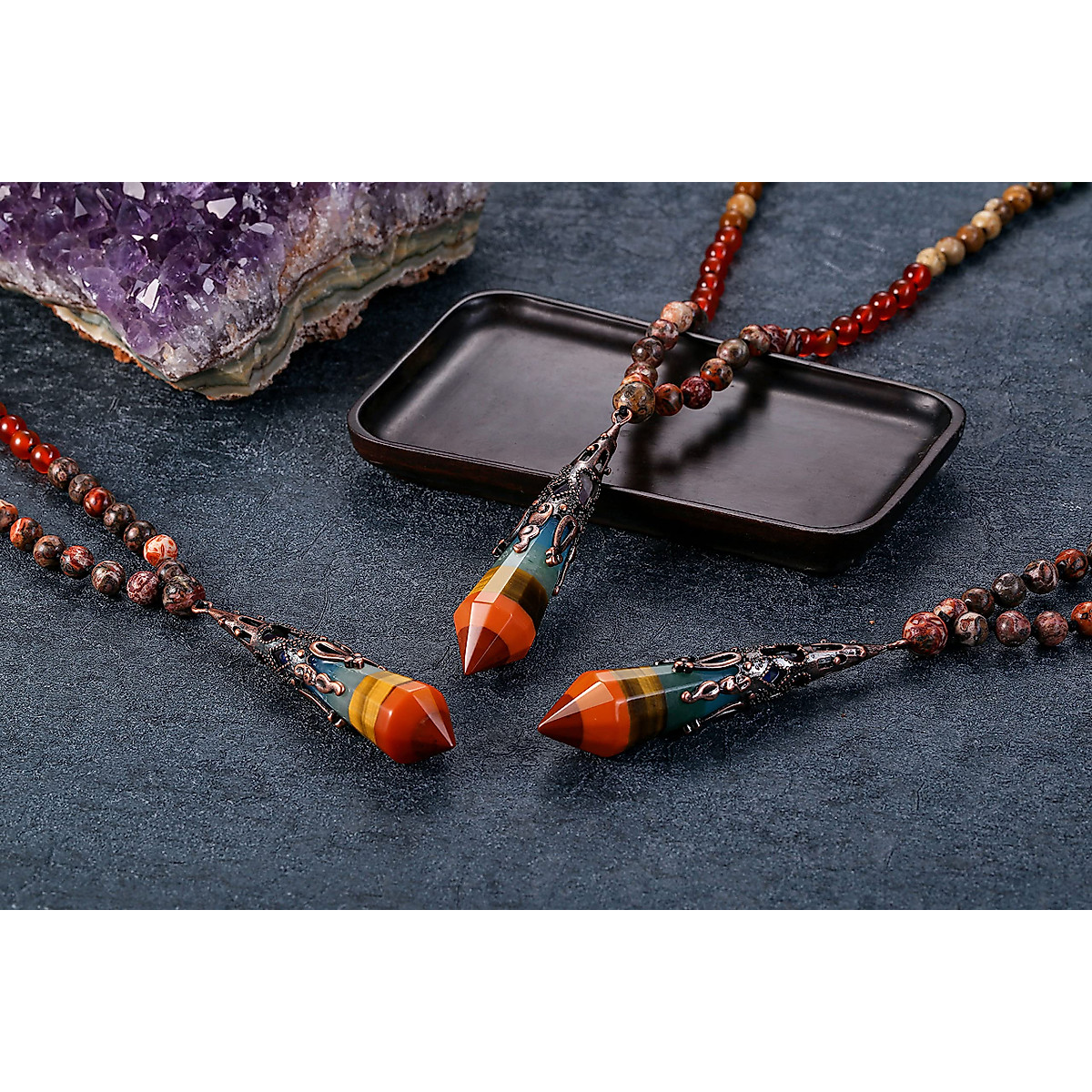 Jovivi 108 Mala Beads Bracelet Real Stones 7 Chakra Healing Crystals Necklace with 12 Facted Prism Pointed Pendant Reiki Energy Balancing Prayer Mala Beads for Meditation