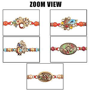 SATVIK 5 Pc Rakhi for Brother Bhaiya Bhabhi Traditional Handmade Assorted Designer Rakhi Set Roli Chawal, Greeting Card & Soun Stickers Rakhi Thread Rakhdi Bracelets Rakshabandhan